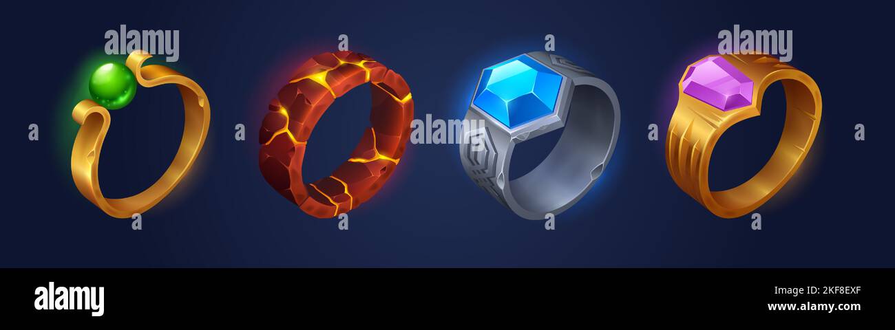 Fantasy magic rings with gems, diamond and cracks with fire inside ...