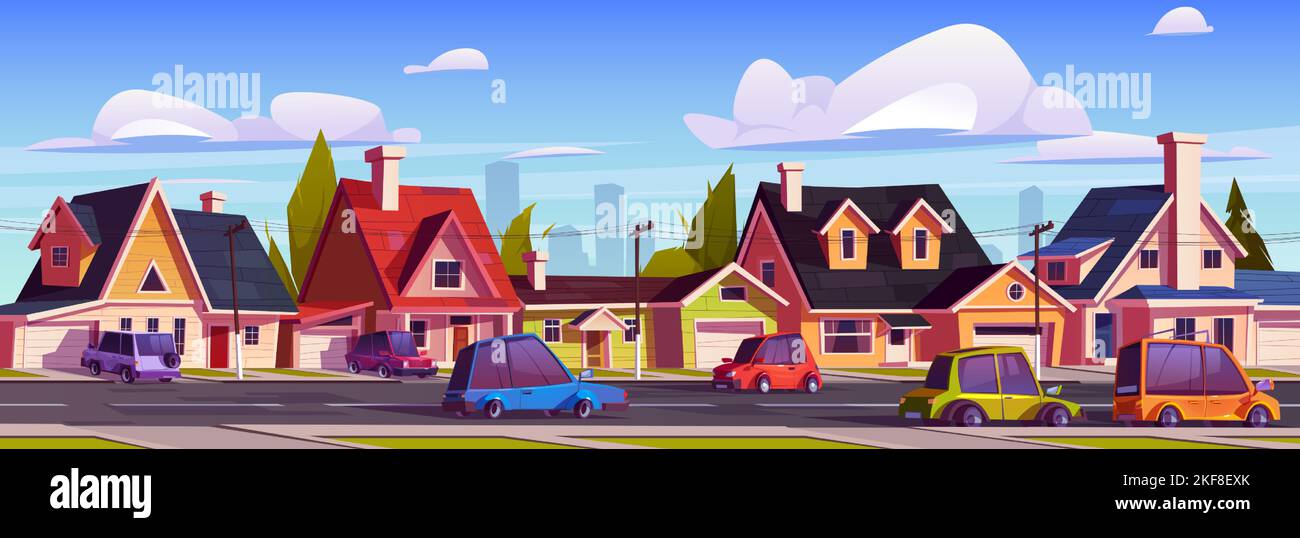 Suburb street with houses and driving cars, suburban with residential ...