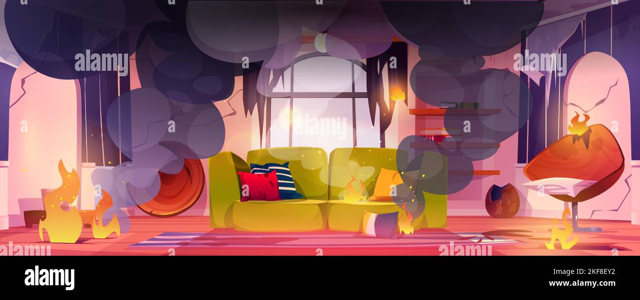 House room in fire. Flame and black smoke clouds inside of home ...