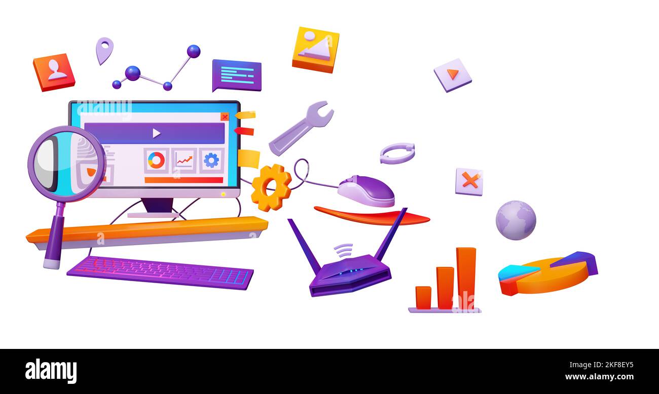 SEO optimization 3d render cartoon illustration. Technology for ...