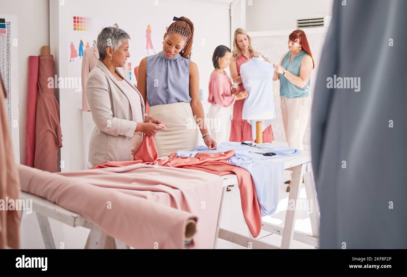 Fashion, team and design planning, teamwork and support with material ...