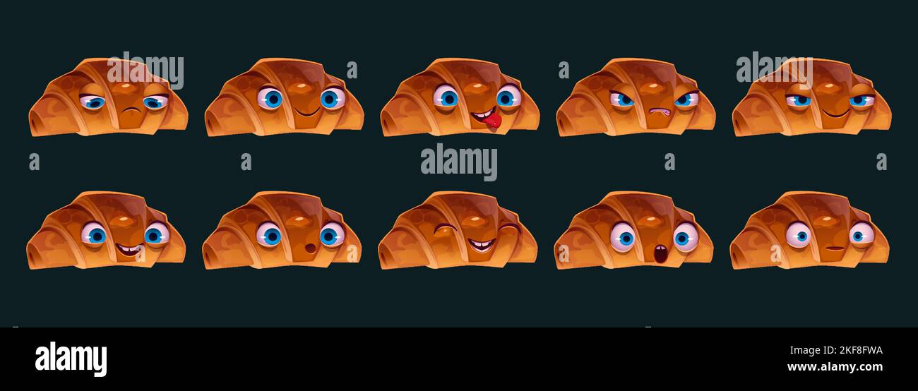 Cartoon croissant character with different emotions on face. Set of ...