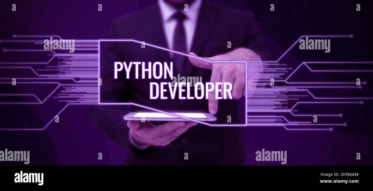 Hand writing sign Python Developer. Concept meaning responsible for writing serverside web ...