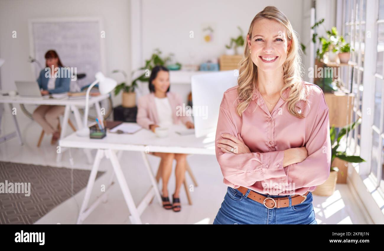 Business woman, portrait and arms crossed with smile in office. Vision ...