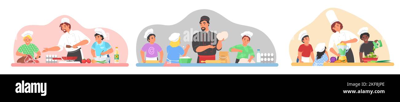 Kids cooking class flat vector illustration. Making soup, pancake ...