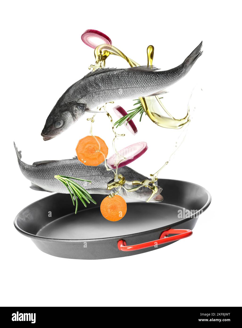 Flying fresh fish with splashes of oil, spices and frying pan on white ...