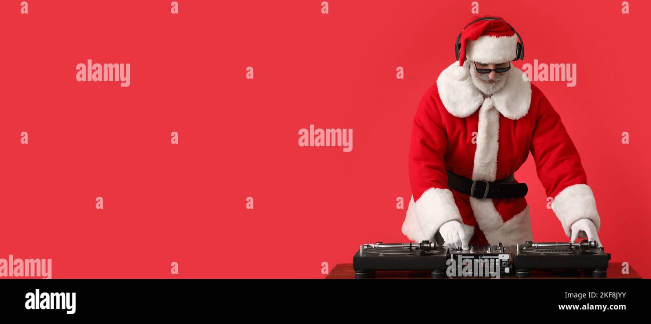 Cool Santa DJ playing music on red background with space for text Stock ...