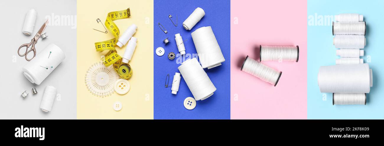 Collage of white thread spools with sewing supplies on color background ...