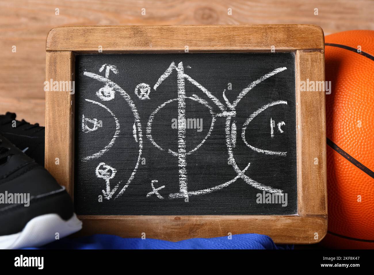 Chalkboard with drawn scheme of basketball game, sneakers and ball on ...