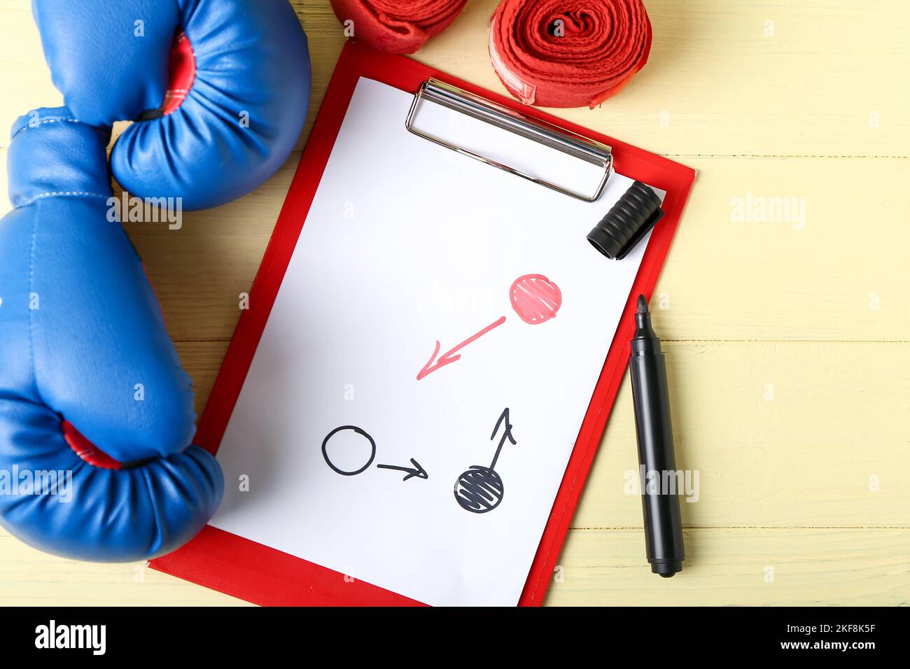 Clipboard with drawn scheme of boxing game, marker, gloves and bandages ...