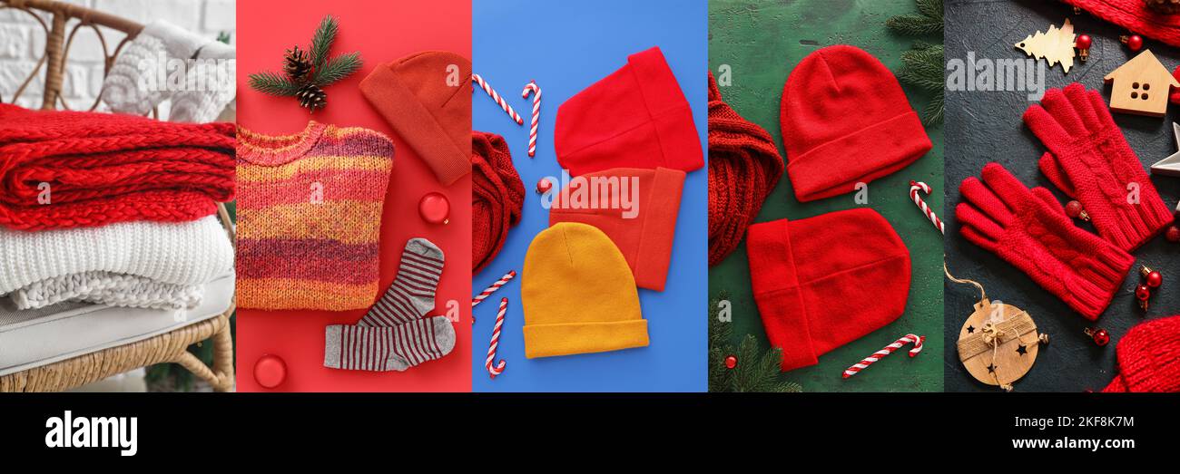 Collage of stylish winter clothes with Christmas decorations Stock ...