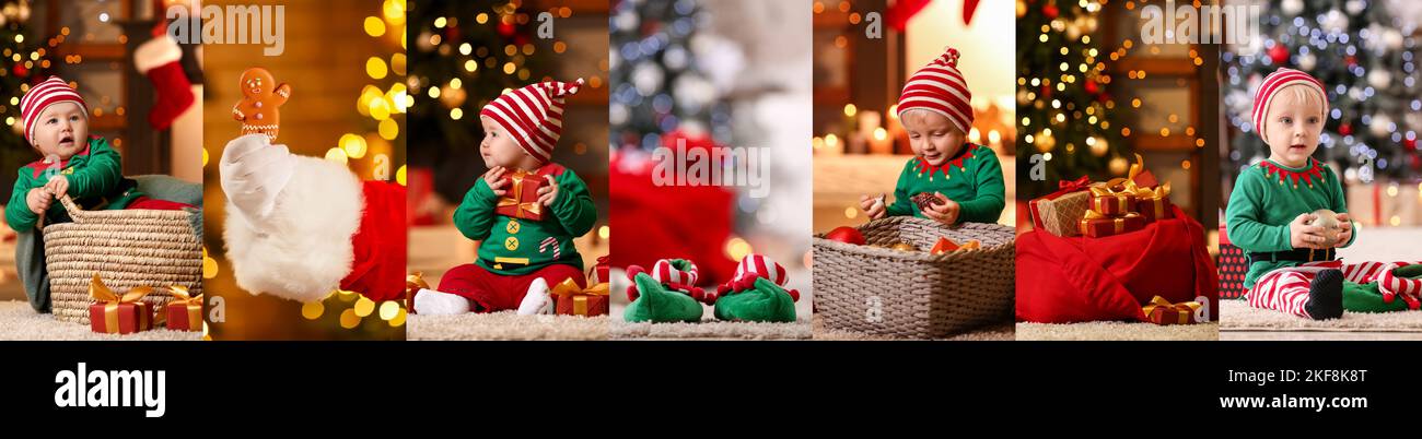 Festive collage with little children in Christmas costumes, Santa bag ...