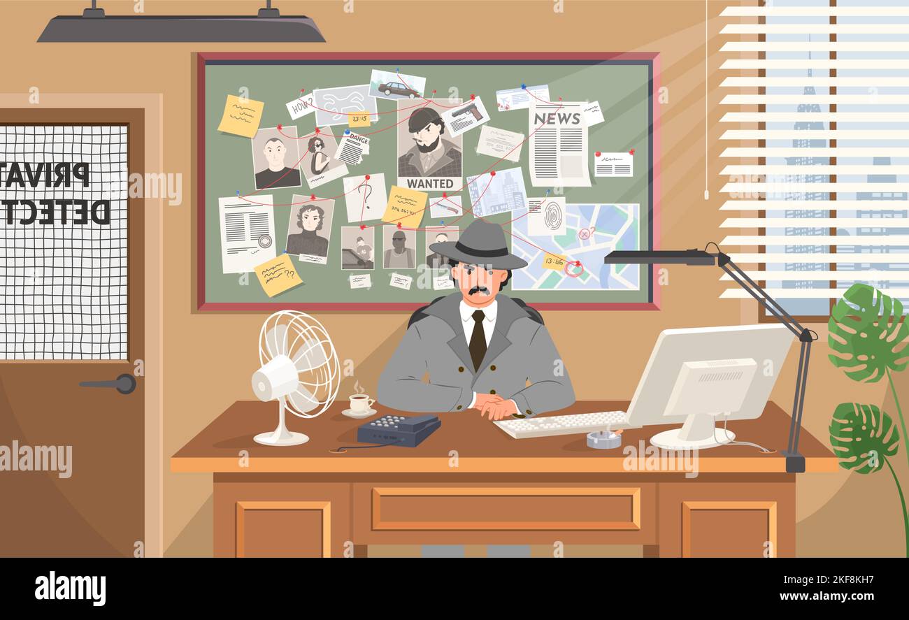 Serious private detective at office workspace vector. Cartoon ...