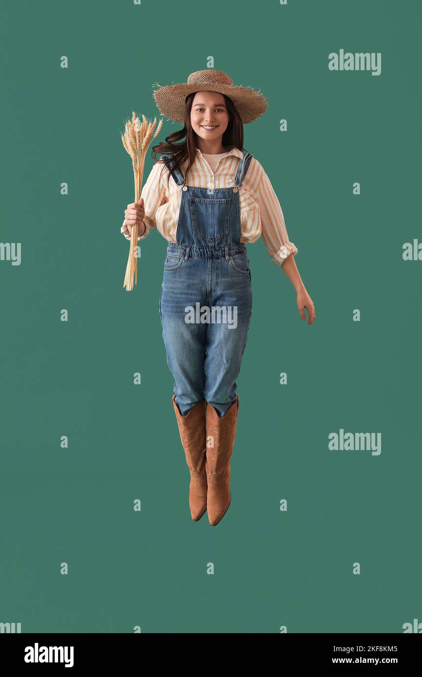 Young female farmer with wheat spikelets jumping on green background ...