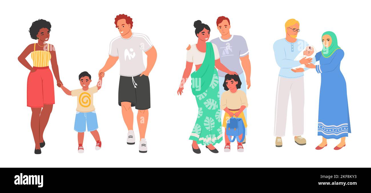 Interracial family couple with children vector set isolated on white background. Happy ...