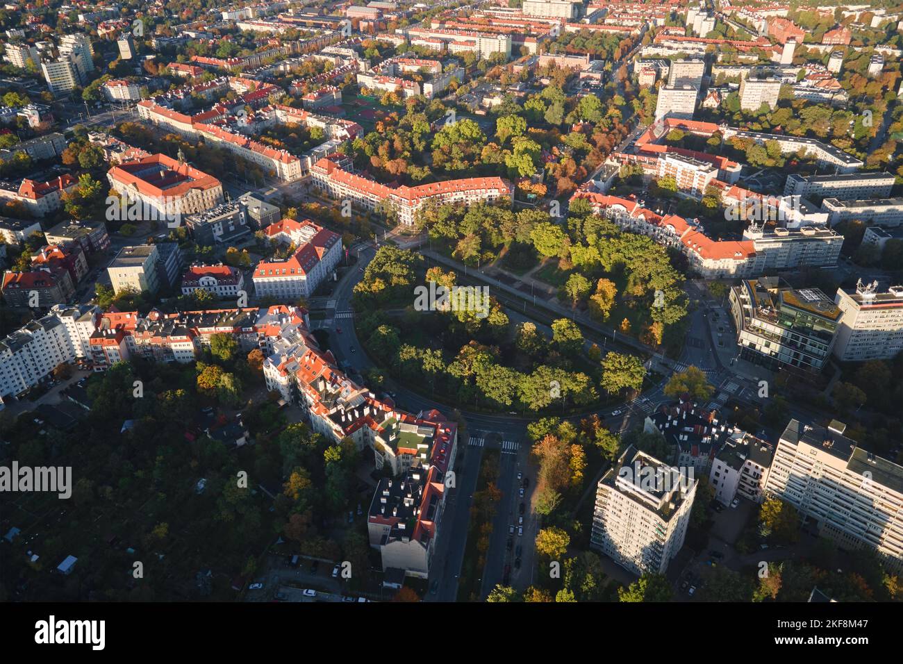 Bird eye view of residential buildings in city. Aerial view of Wroclaw ...