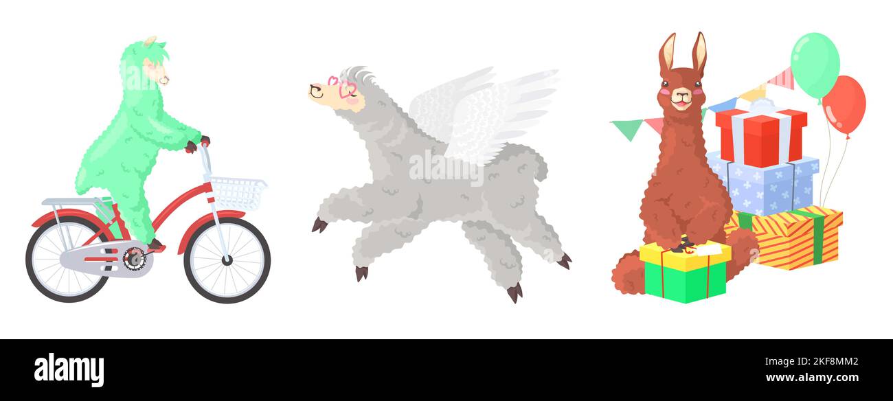 Funny doodle lamas alpacas flat vector set. Cute wild animal riding ...