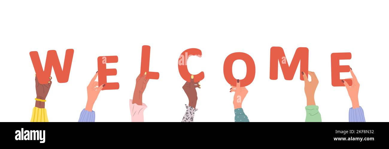 Group of different female hands holding red word Welcome. Diverse multi ...