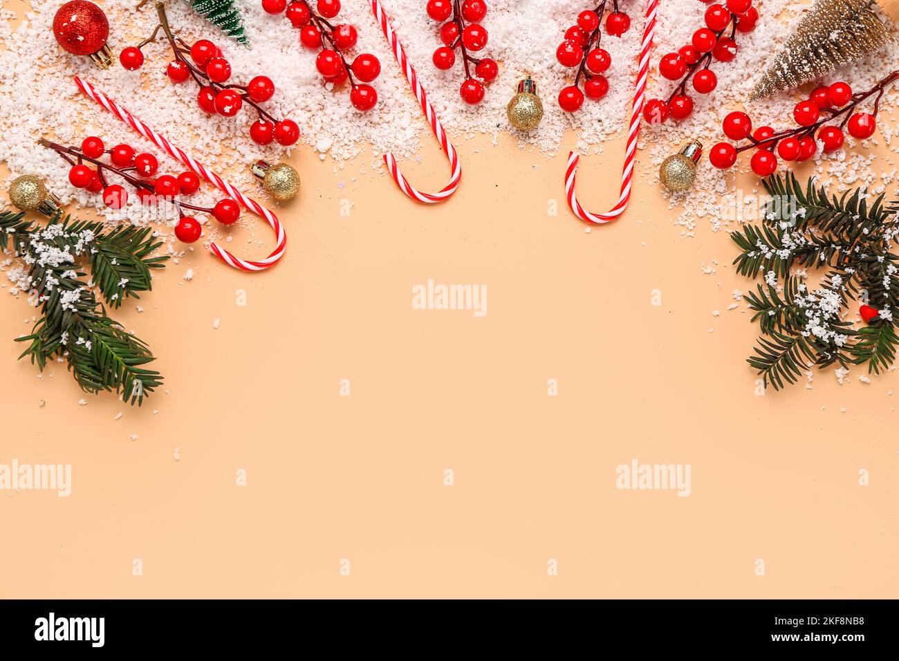 Composition with fir branches, Christmas decorations, candy canes and ...