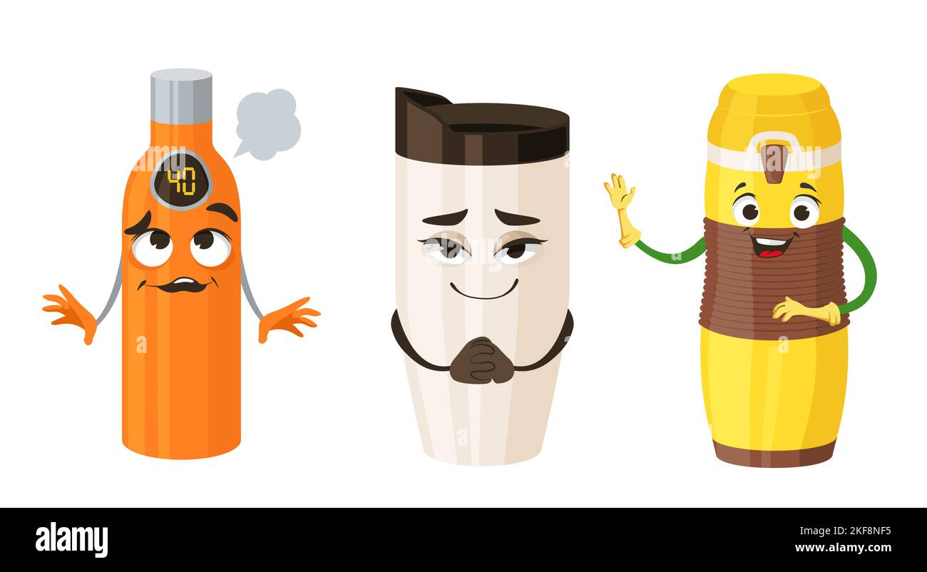 Thermos cartoon character flat vector set. Happy portable cup ...