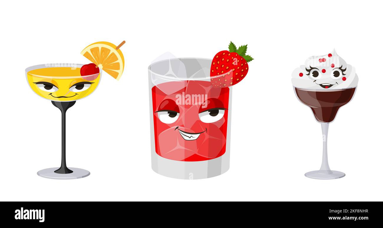 Funny cocktail kawaii face vector isolated set. Cute alcoholic or non ...