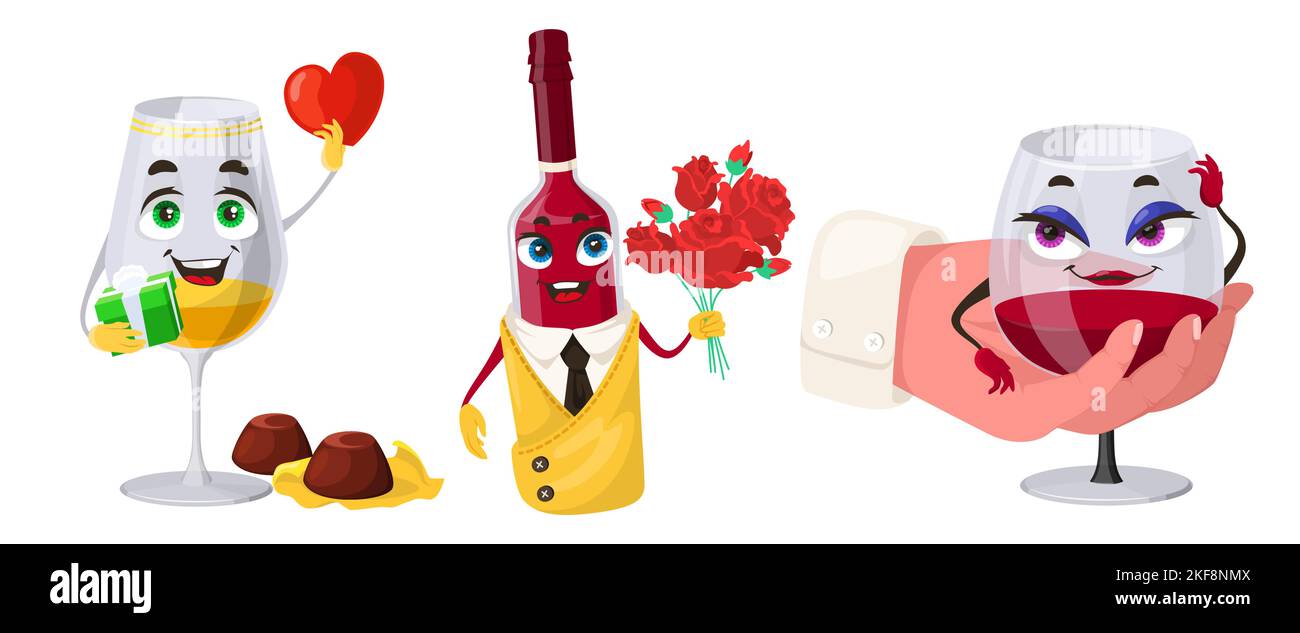 Wine and cognac romantic character vector set. Cartoon funny drink in ...