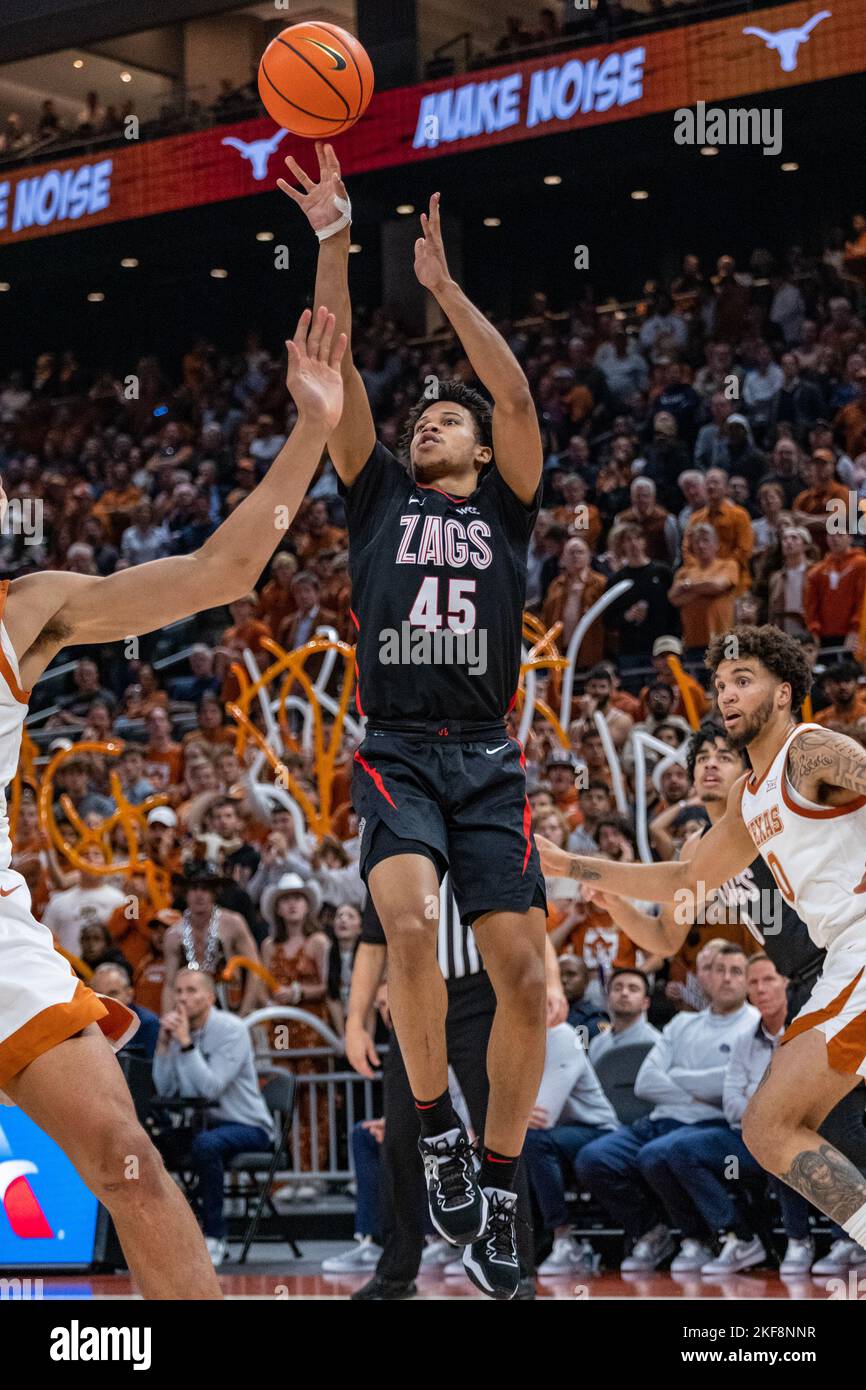 Texas, USA. 16th Nov, 2022. Rasir Bolton #45 of the Gonzaga Bulldogs vs ...