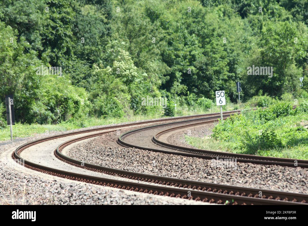some Railroad tracks lead through a natural landscape Stock Photo - Alamy