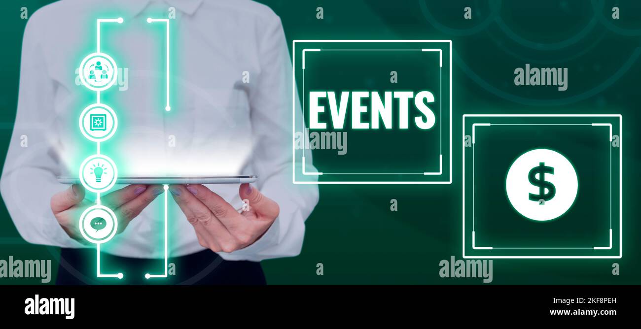 Text caption presenting Events. Word Written on something occurs in ...