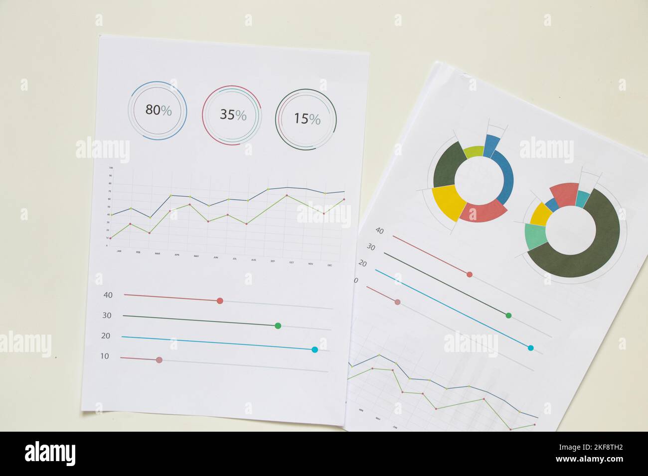 reports and histograms on paper on the table, analytics and statistics ...