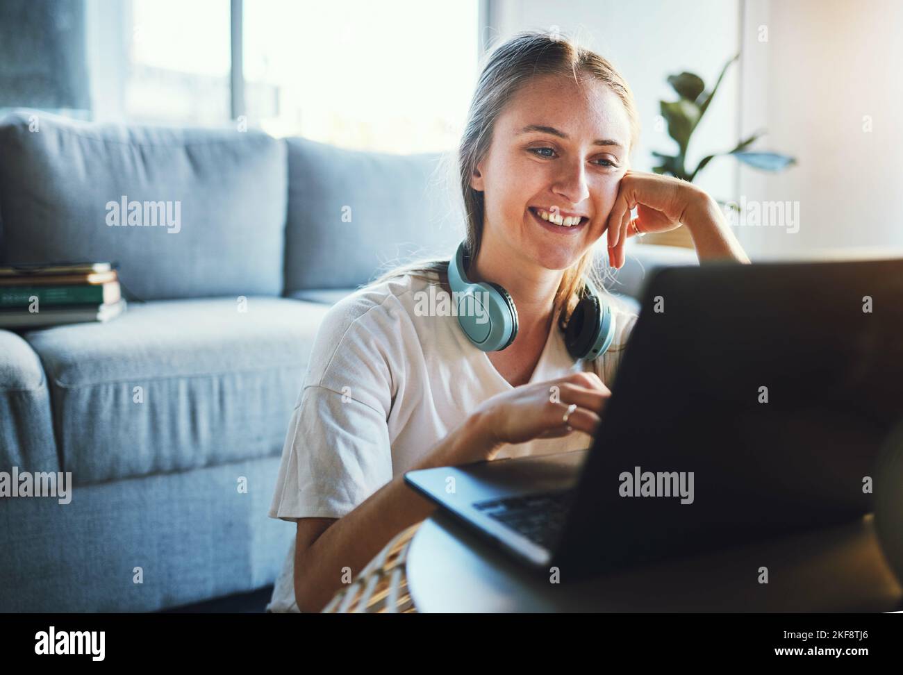 Education, laptop and elearning with a woman student studying online in ...