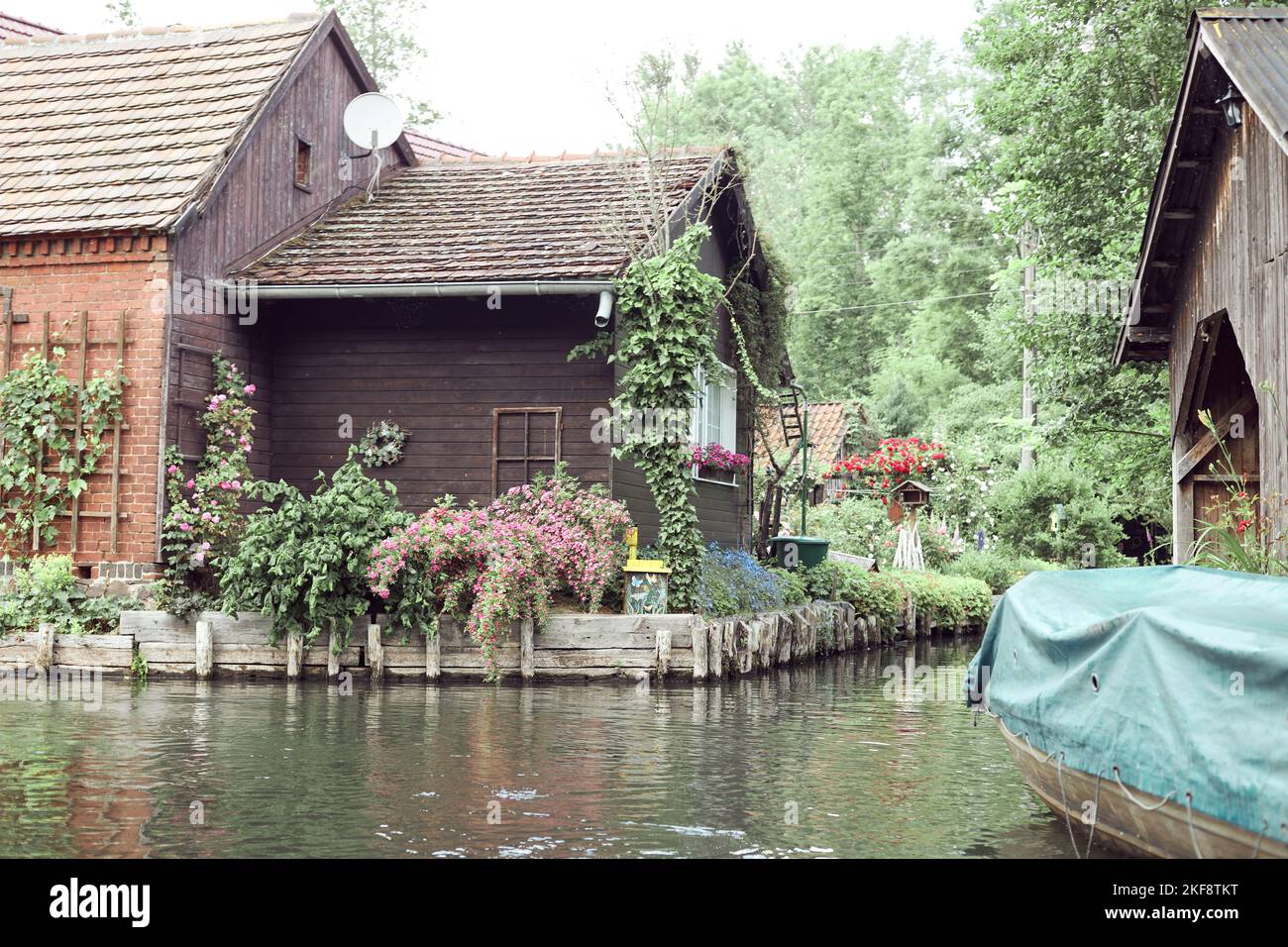A house building facades surrounded by water in Spreewald Stock Photo ...