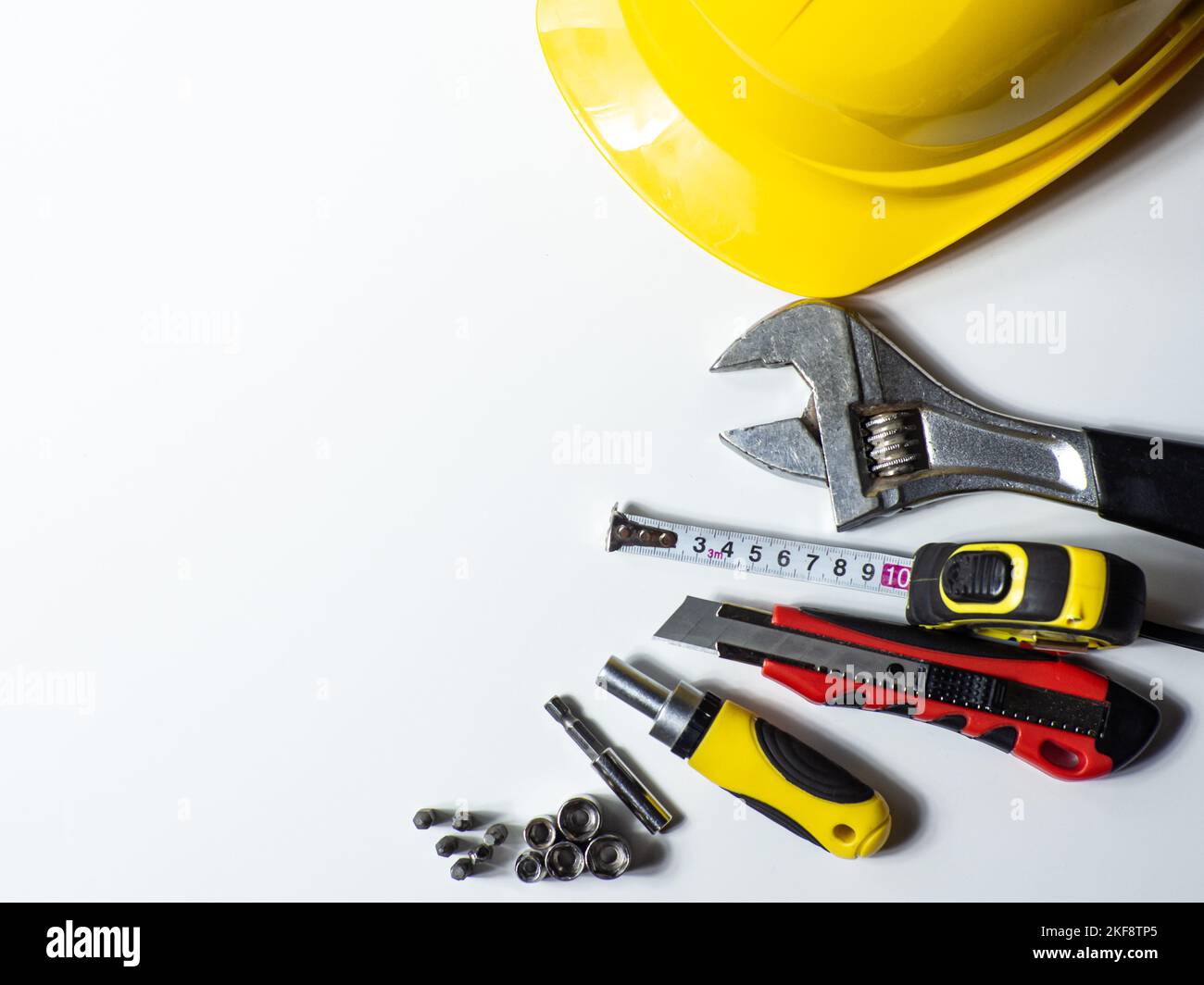 Construction tools, hard hat on white background with copy space Stock ...