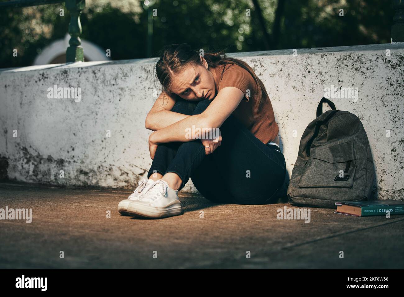 Woman, student and depression in lonely stress, anxiety or mental ...