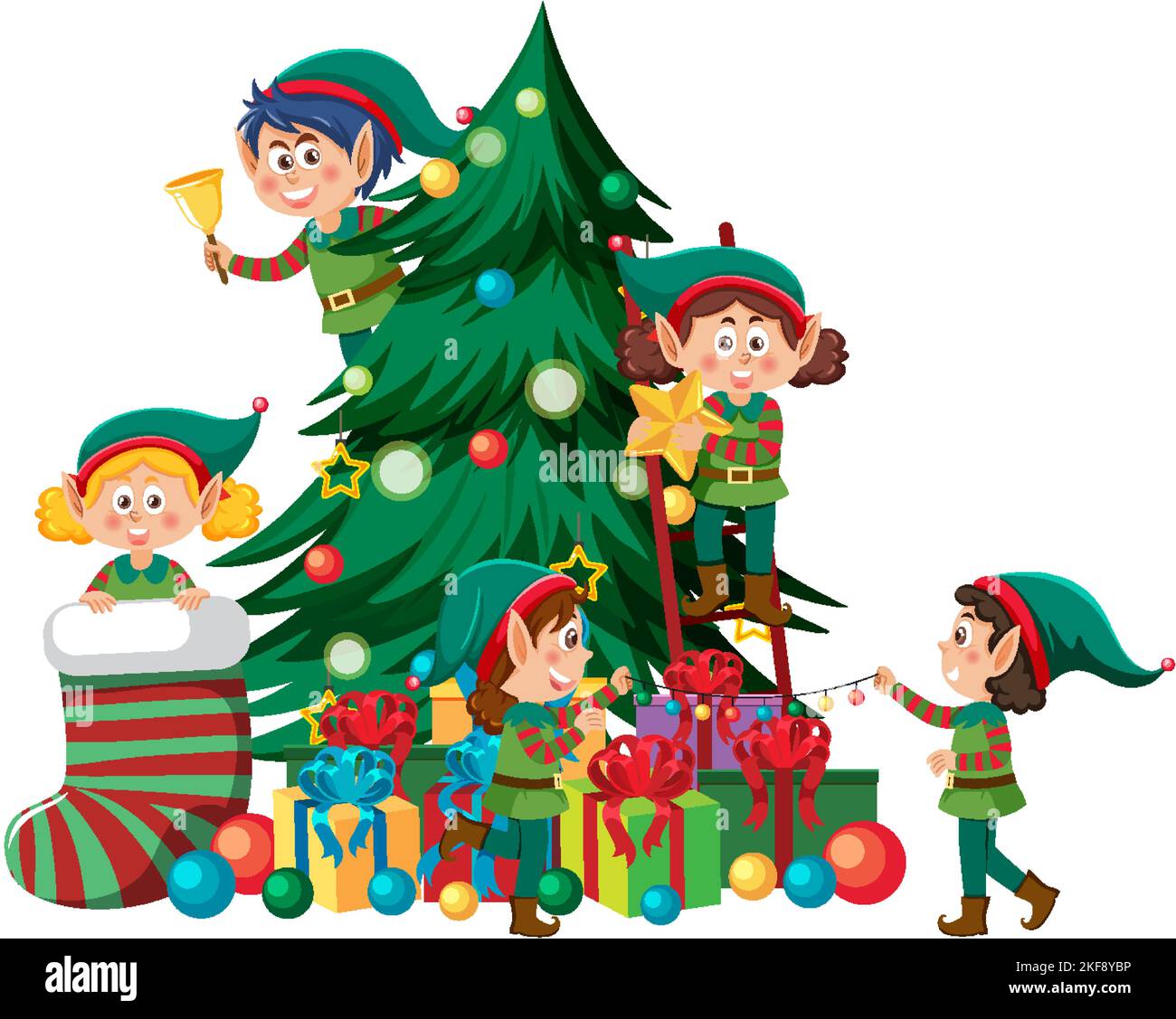 Christmas tree with elves cartoon character illustration Stock Vector ...