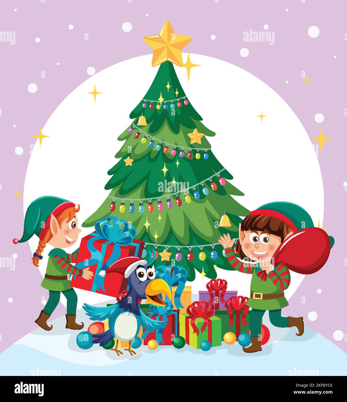 Christmas tree with elves cartoon character illustration Stock Vector ...