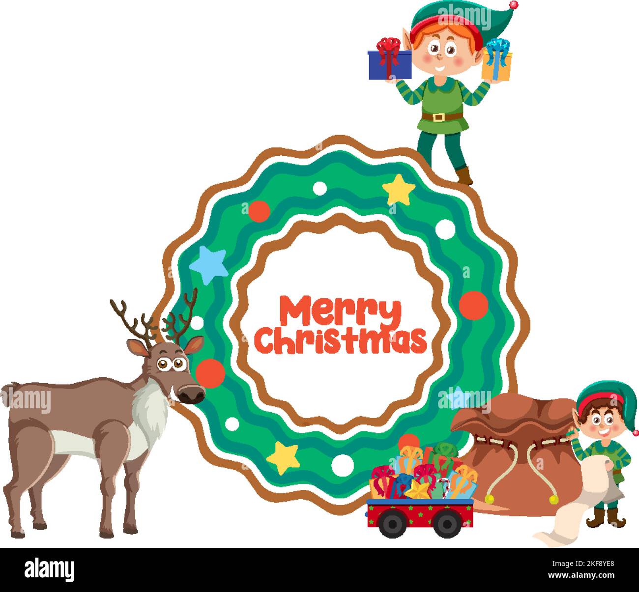 Merry Christmas text design with cartoon characters illustration Stock ...