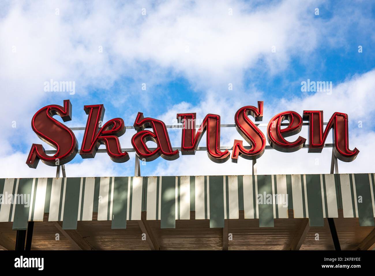 Neon letters above the main entrance of Skansen open-air museum and zoo ...