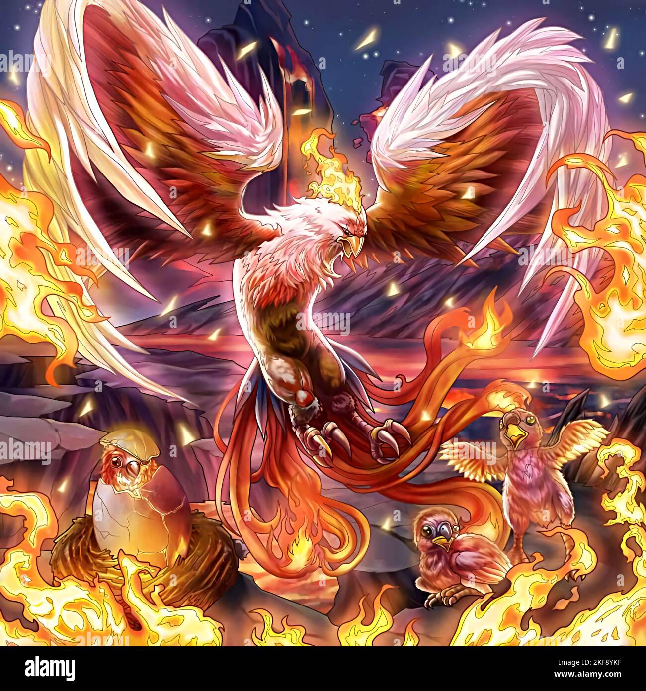 illustration of mother Phoenix and her three cubs on a volcano Stock ...