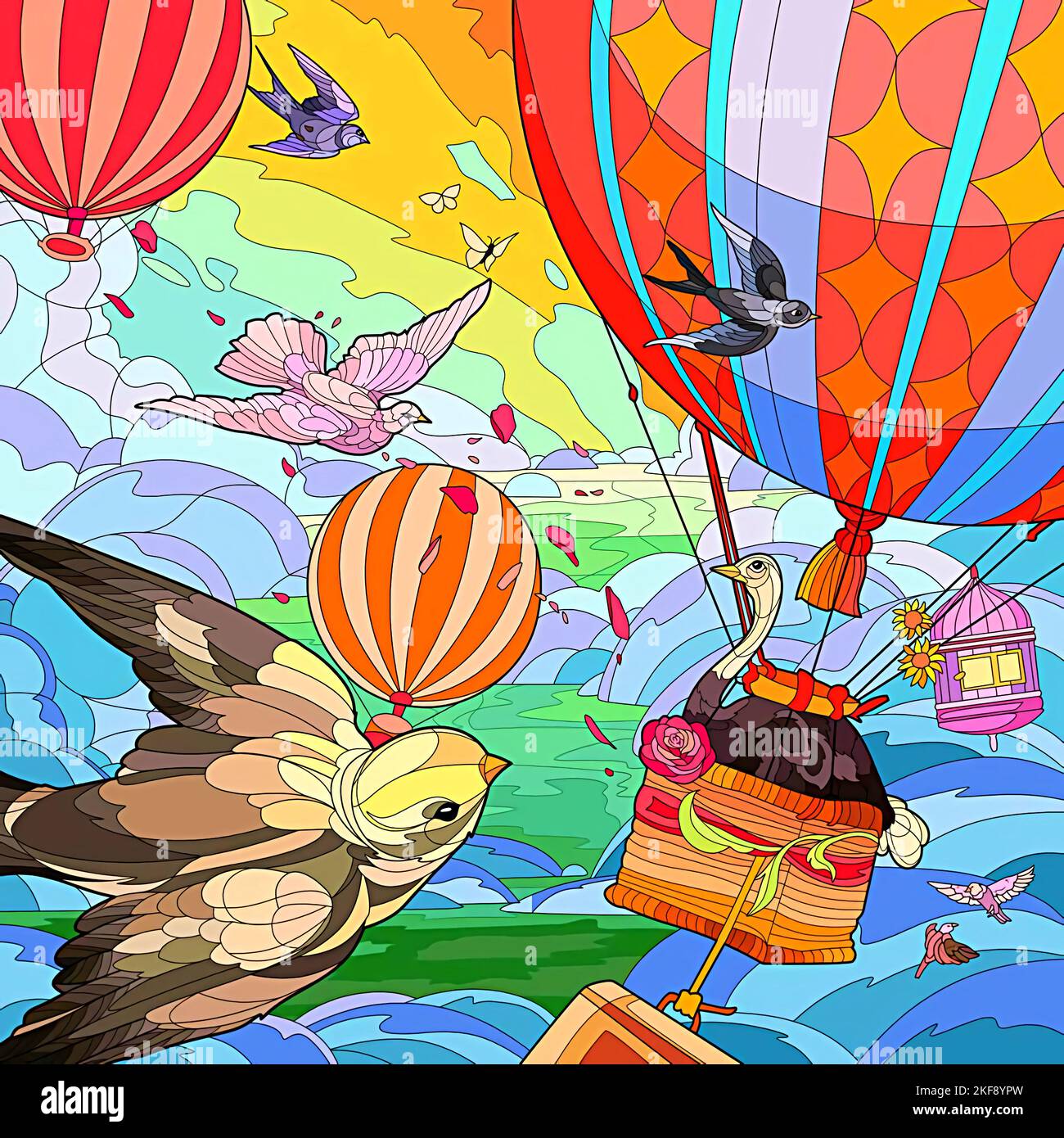 cartoon illustration of birds flying with hot air balloon Stock Photo ...