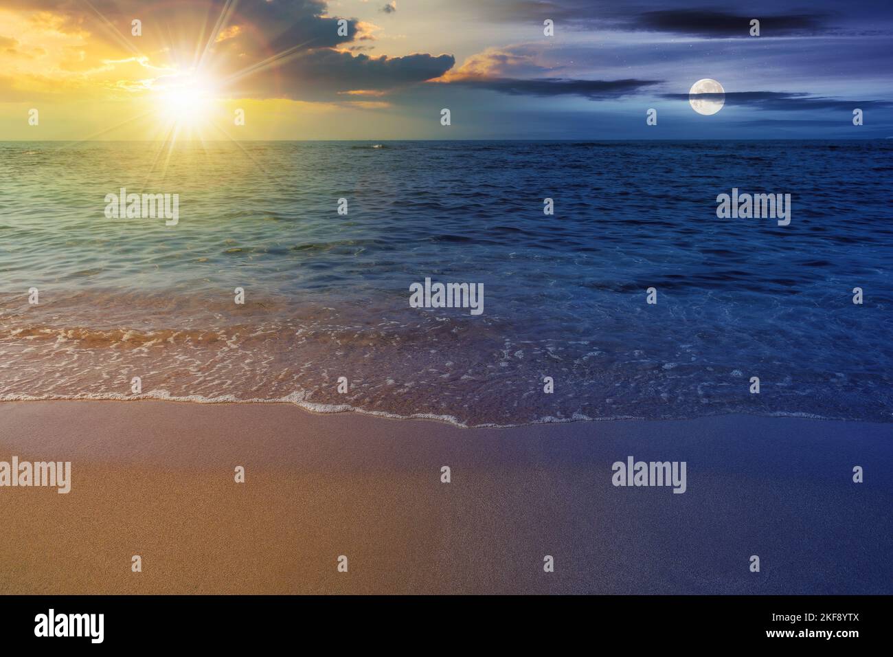 summer vacation background at the sea with sun and moon. day and night ...