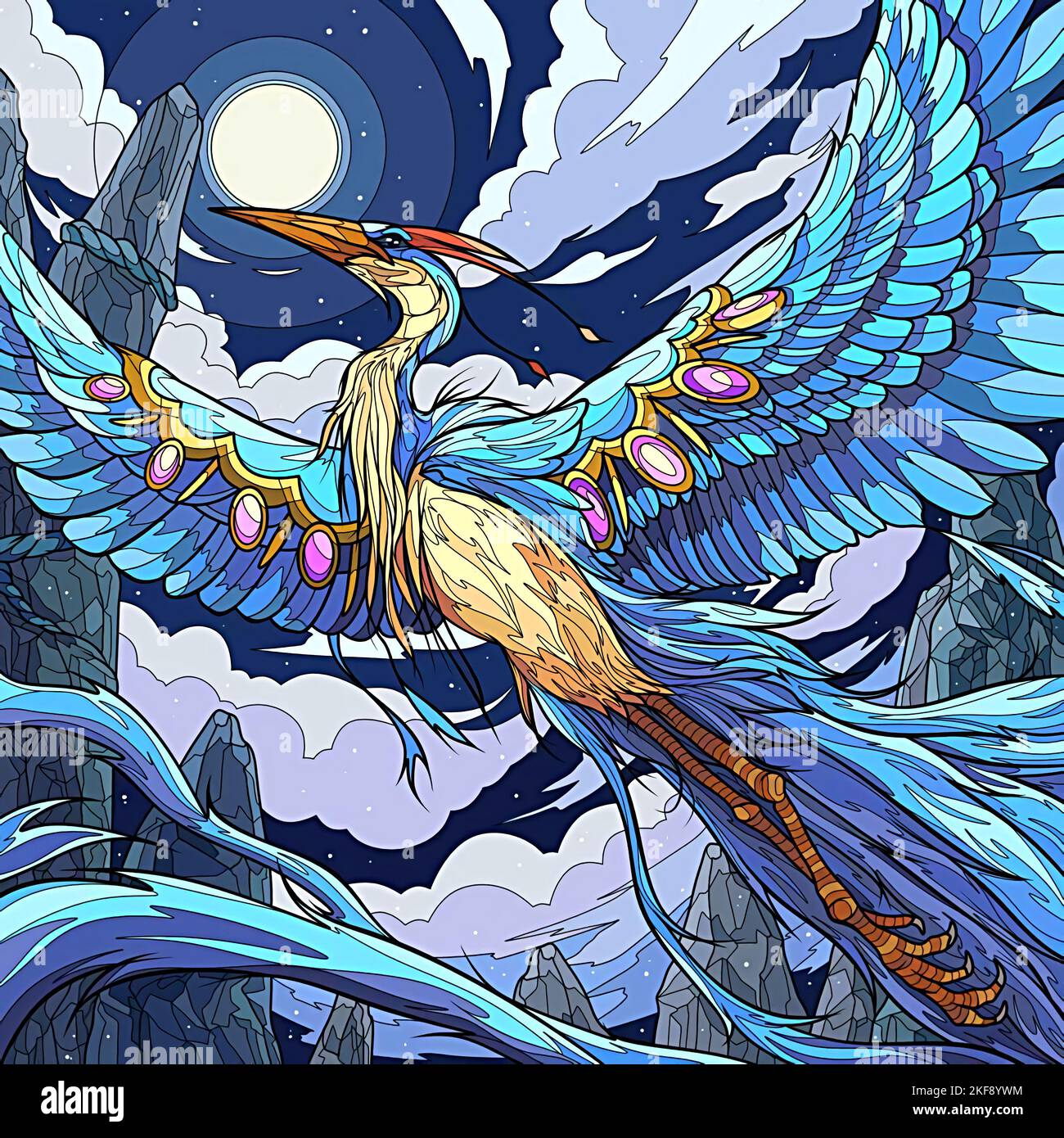 illustration of a fantasy bird flying over the mountains at night Stock ...