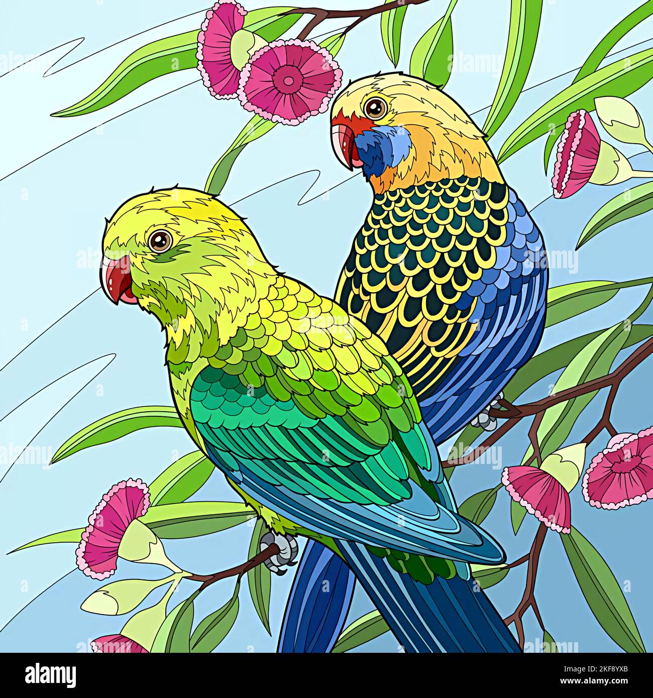illustration of two beautiful birds on a tree branch Stock Photo - Alamy