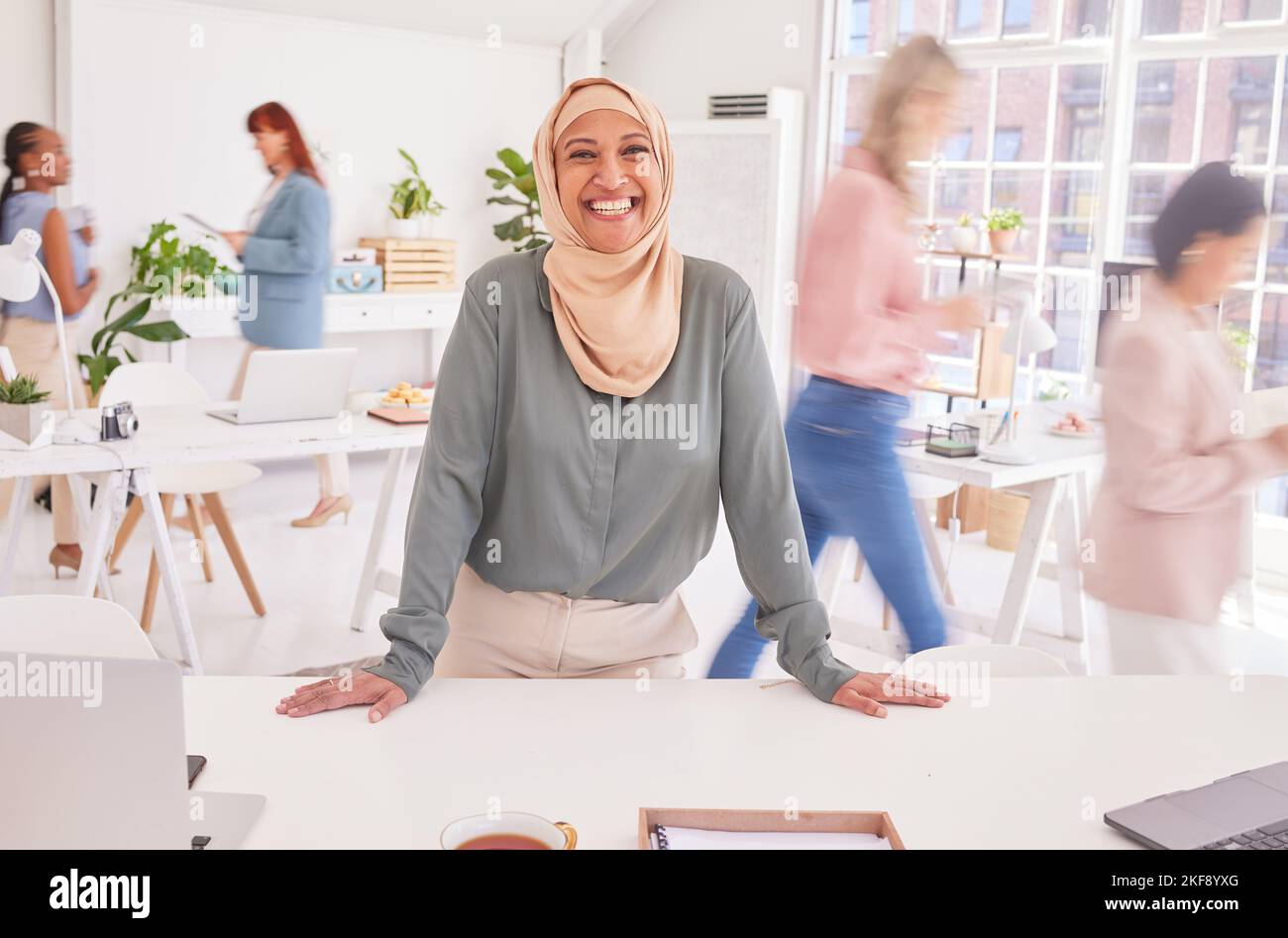 Muslim business woman, happy portrait or leadership in busy office ...