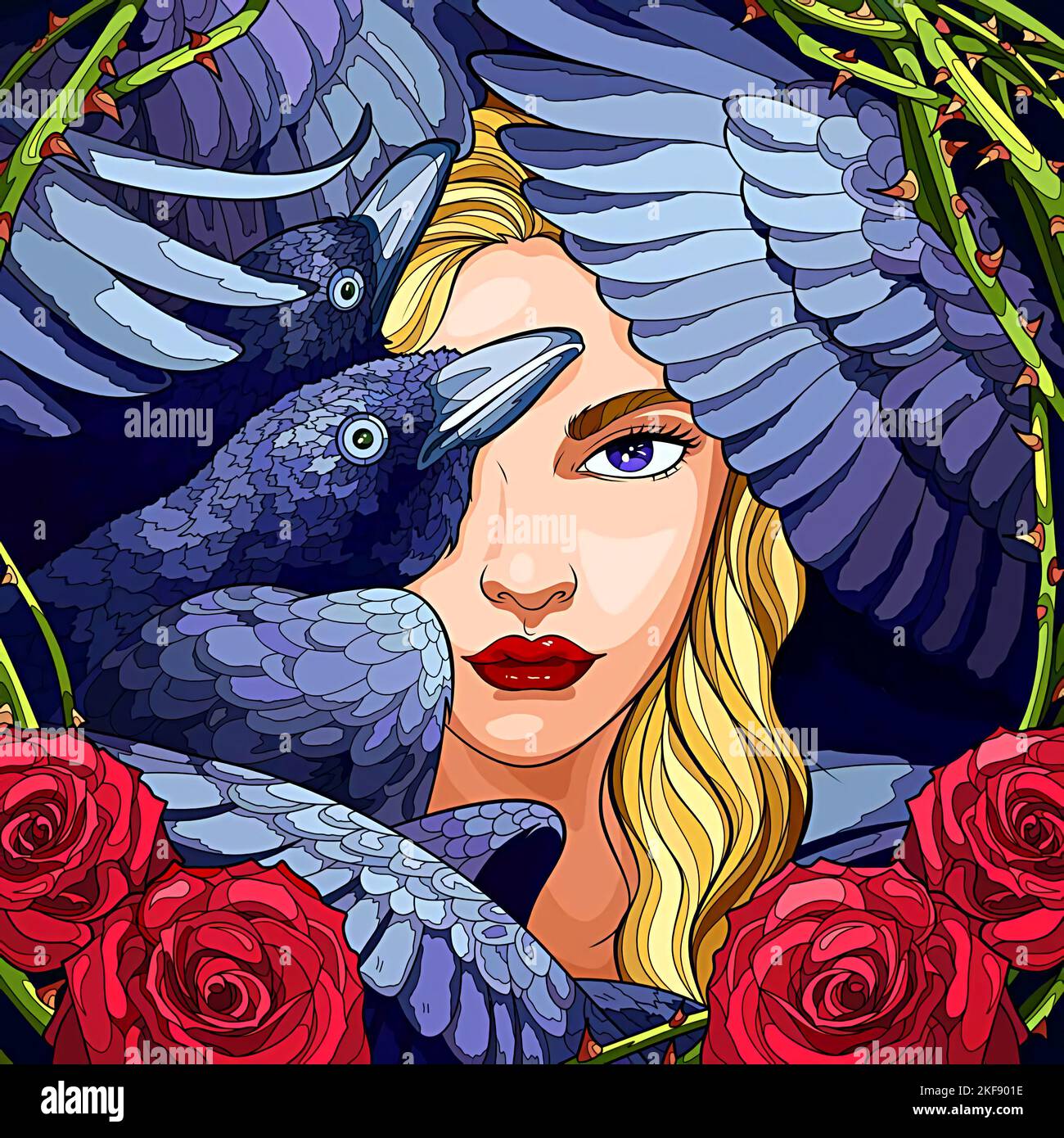 portrait illustration of woman's face, crow and flowers Stock Photo - Alamy