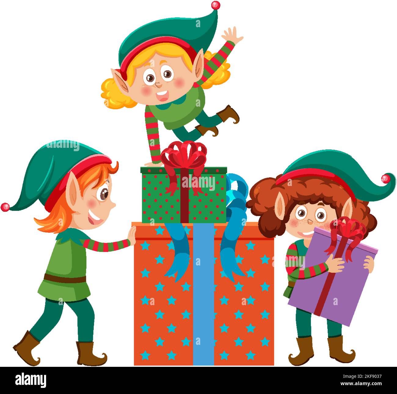 Christmas elf kids with gift boxes illustration Stock Vector Image ...