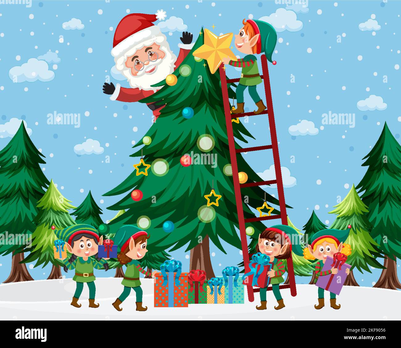 Children in elf costume and Santa Claus decorating Christmas tree ...