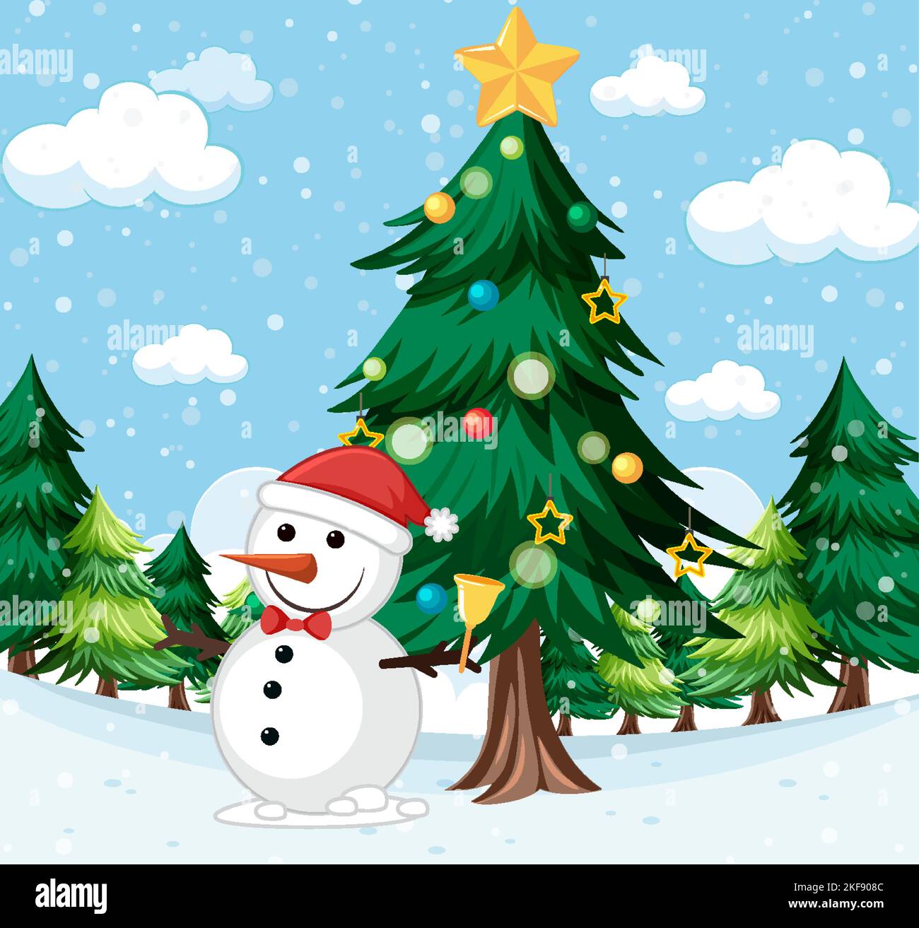 Snowman under Christmas tree outdoor background illustration Stock ...