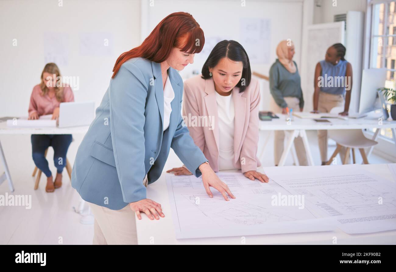 Planning, blueprint and review with women in architecture meeting for ...
