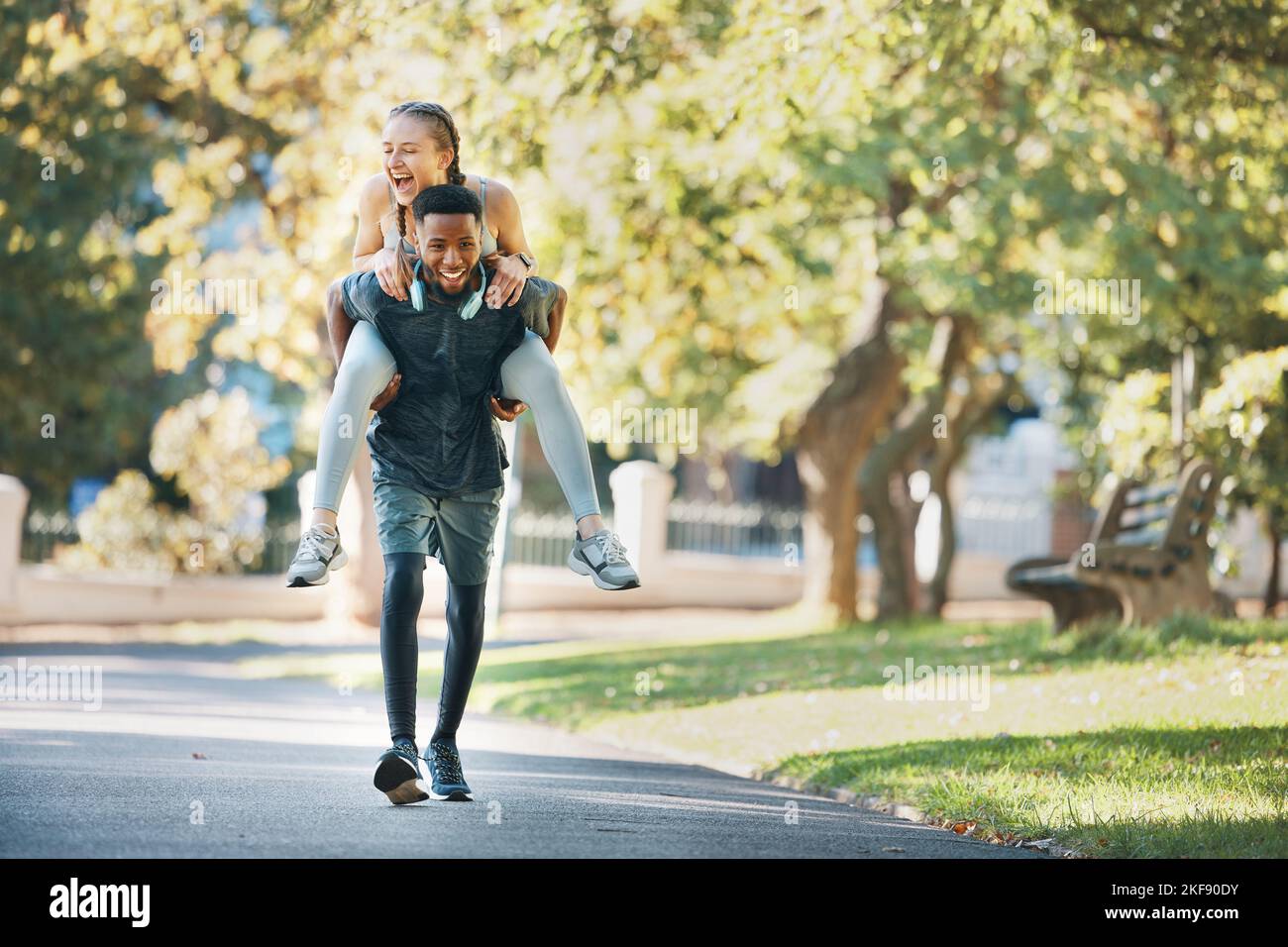 Fitness, piggyback and couple doing workout in nature together for ...